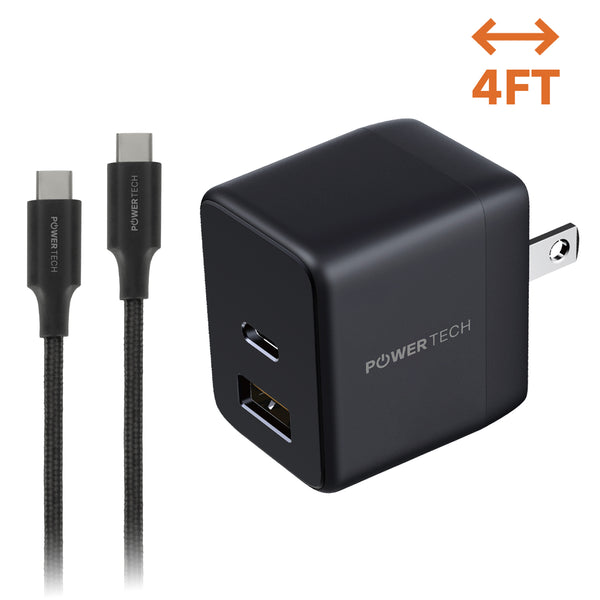 Powertech PD 20W Dual-Port USB-A & USB-C Wall Charger W/ 4' C-C Cable ...