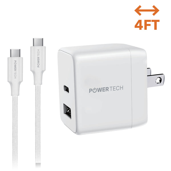 Powertech PD 20W Dual-Port USB-A & USB-C Wall Charger W/ 4' C-C Cable ...