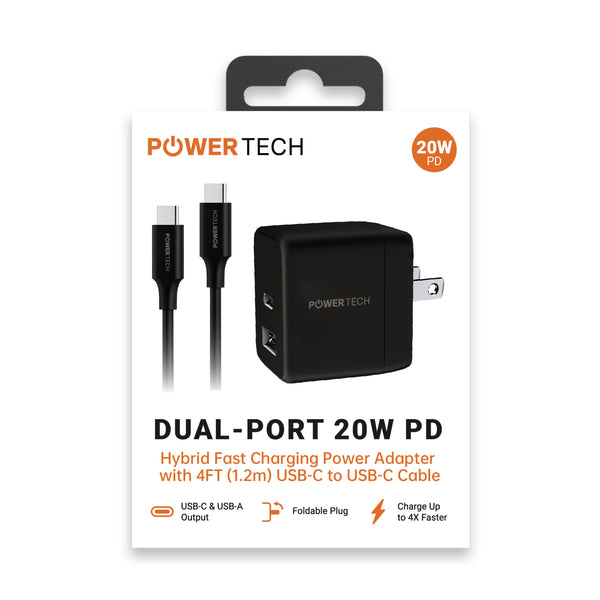 Powertech 20W PD Dual-Port USB-A & USB-C Wall Charger W/ 4' C-C Cable ...